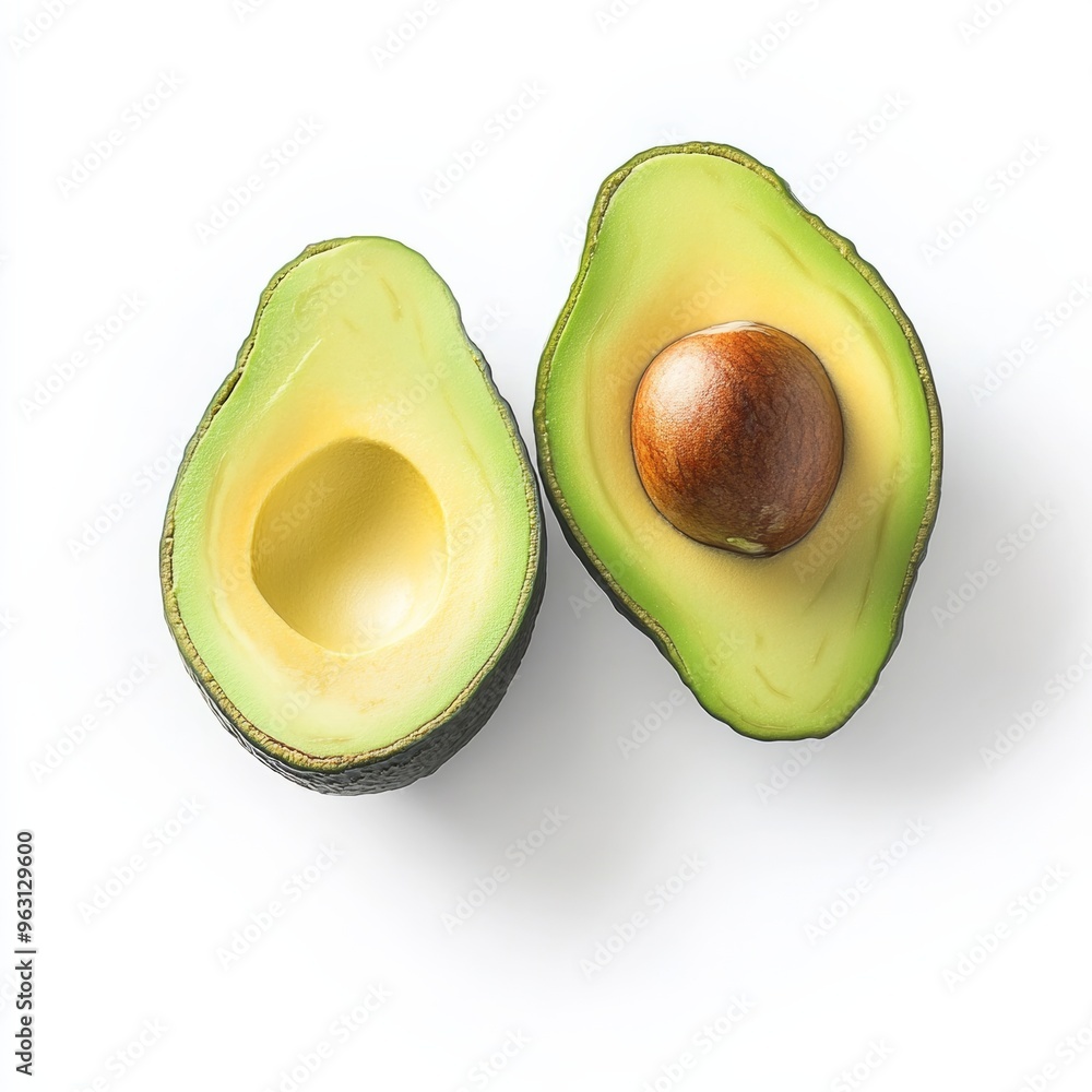 A detailed rendering of a ripe avocado, sliced in half, revealing its ...