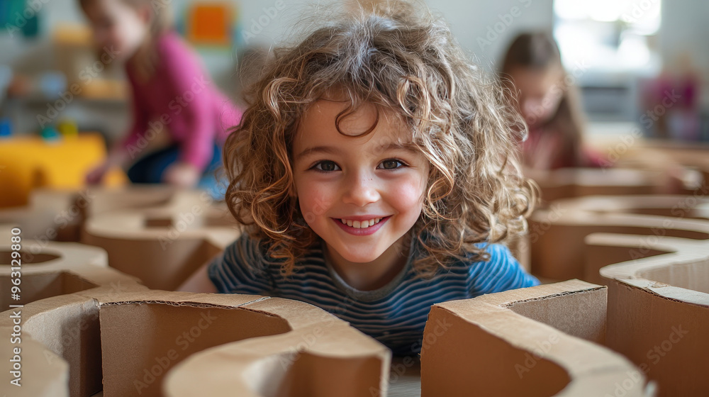 Children building a maze with cardboard shapes, problem-solving, and ...