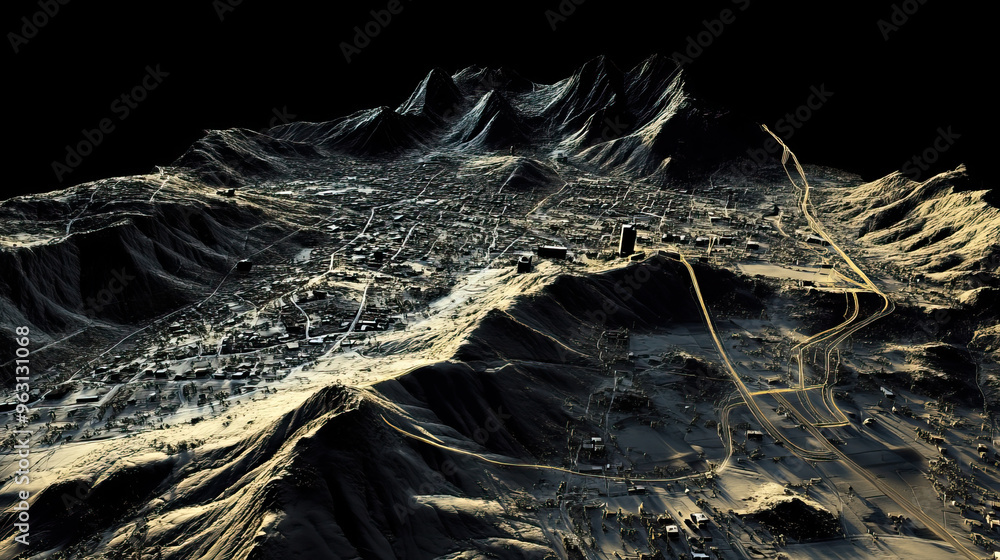 Technical aerial visual, 3D LiDAR GIS aerial map satellite scan model ...