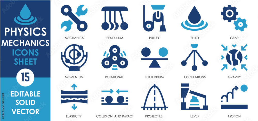 A set of solid icons related to Physics and Mechanics. Physics, impact ...