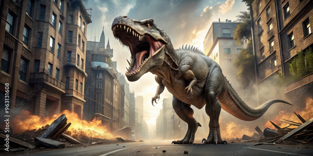 T-Rex dinosaur roaring in the street, causing chaos and destruction ...