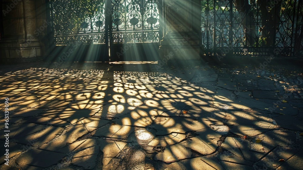 An intricate shadow pattern cast by an ornate wrought iron gate, with ...