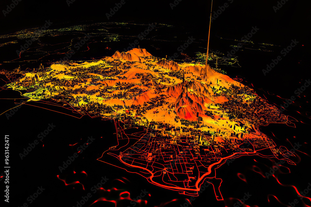 Technical aerial visual, 3D LiDAR GIS aerial map satellite scan model ...