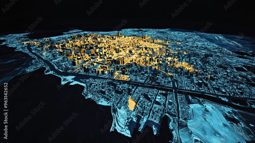 Technical aerial visual, 3D LiDAR GIS aerial map satellite scan model ...