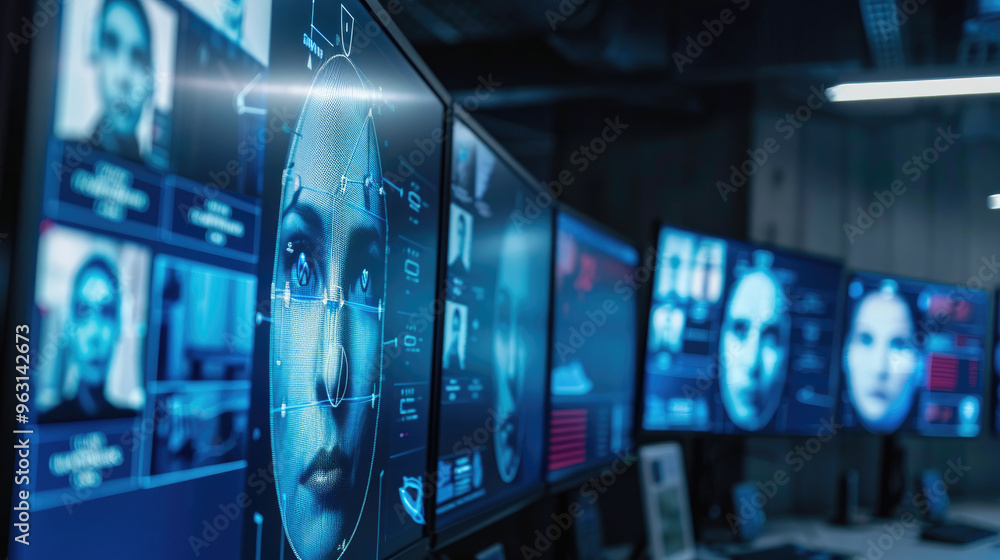 Facial recognition technology, woman faces with lines of AI biometric system on computer screens ...