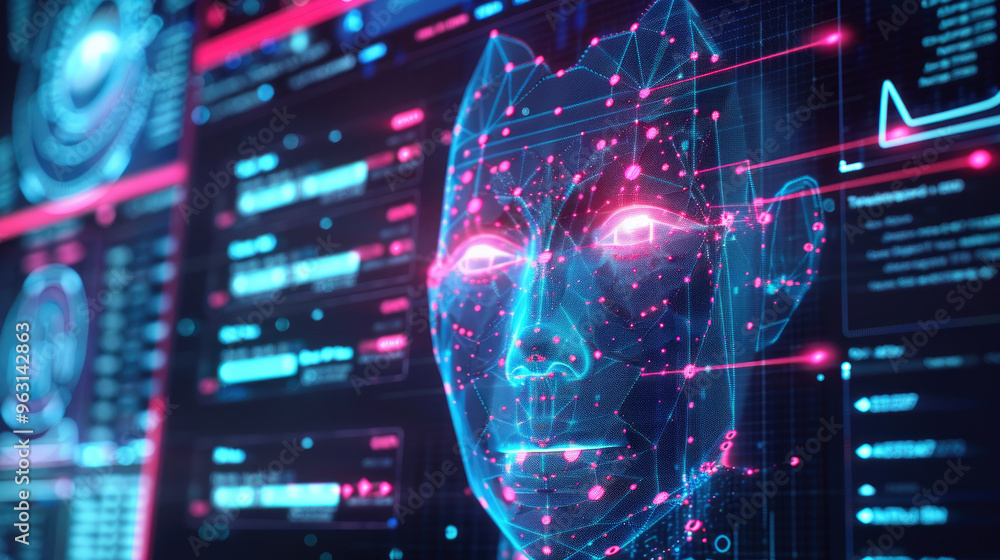 Facial recognition technology, human face with lines of AI biometric system on computer screen ...