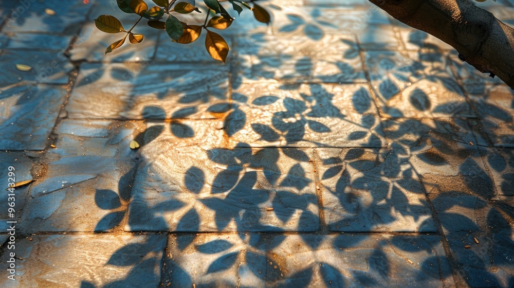 The shadow of a tree branch with leaves casting a detailed pattern on a ...