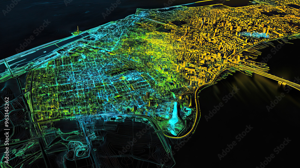 Technical aerial visual, 3D LiDAR GIS aerial map satellite scan model ...