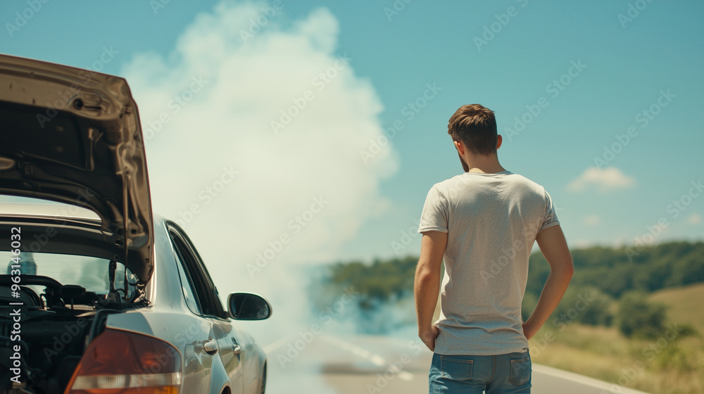 Vehicle Breakdown: Confused Young Man Standing Beside a Car with Smoke ...