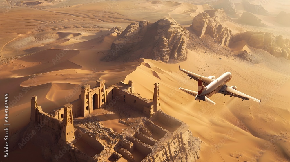 Airplane Soaring Over Majestic Desert Ruins Amid Sweeping Dunes Stock ...