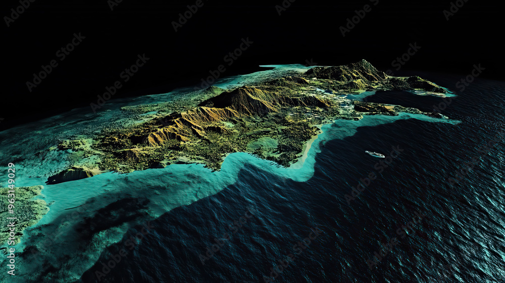 Technical aerial visual, 3D LiDAR GIS aerial map satellite scan model isolated, showing Nadi ...
