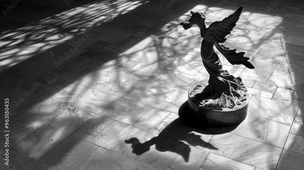 The shadow of a delicate sculpture on a marble pedestal, with the ...