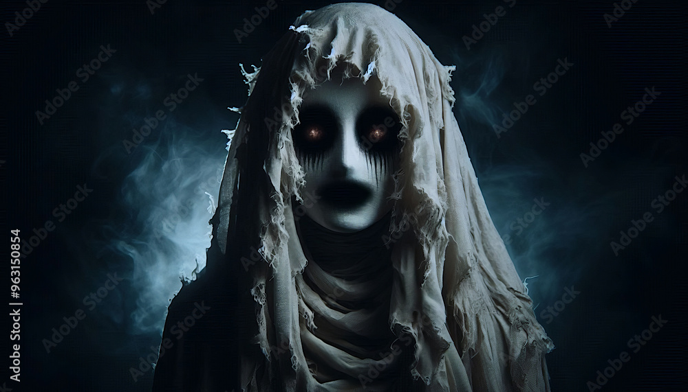 an eerie female figure with a pale, eerie face, black round eyes ...