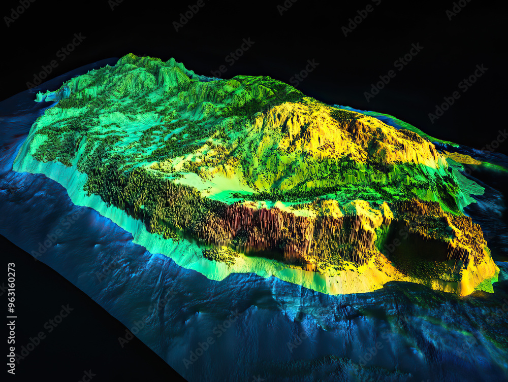Technical aerial visual, 3D LiDAR GIS aerial map satellite scan model isolated, showing Nauru ...