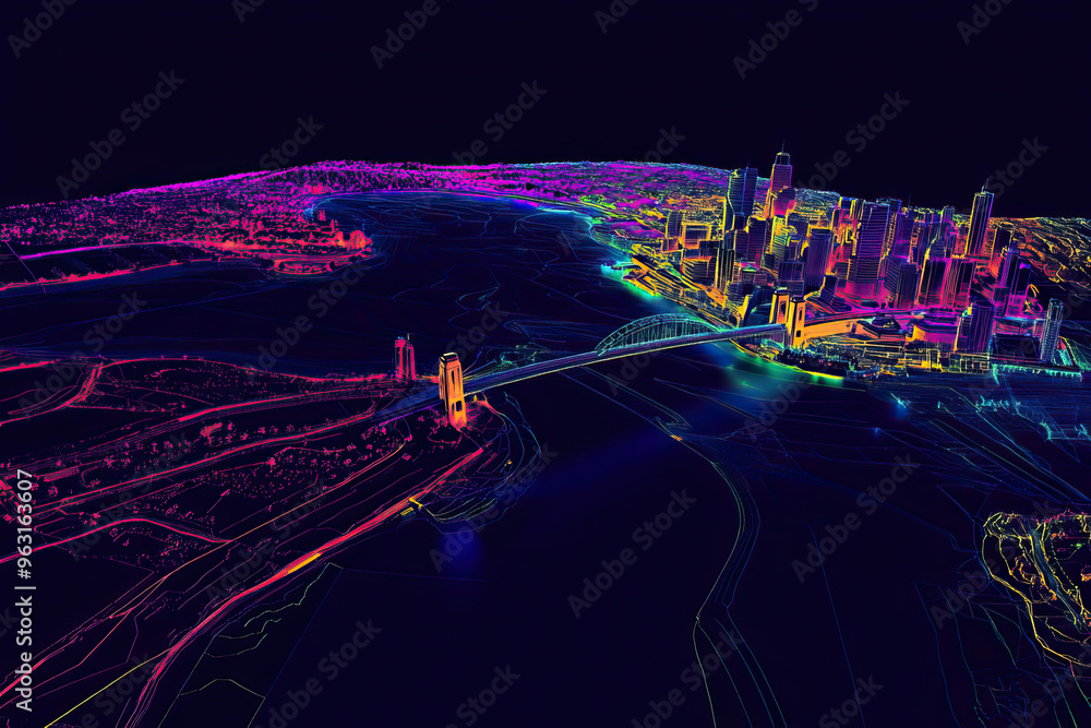 Technical aerial visual, 3D LiDAR GIS aerial map satellite scan model ...
