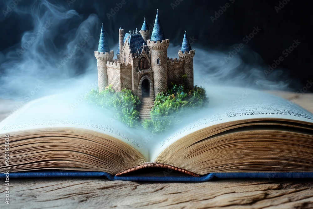 Whimsical illustration of a fairy tale castle rising from the pages of ...