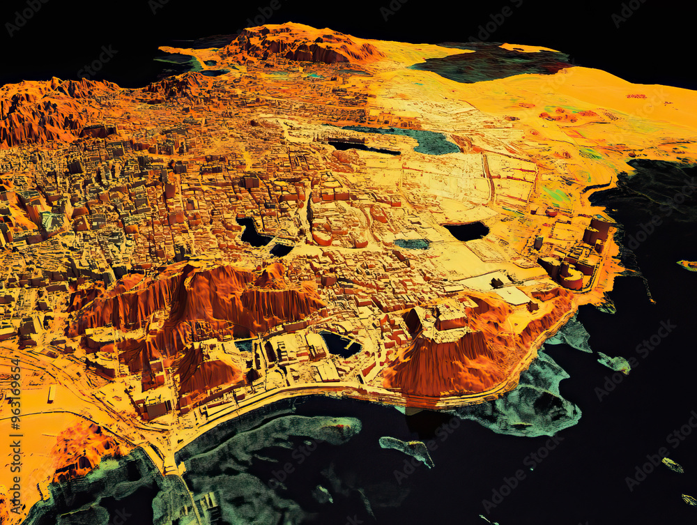 Technical aerial visual, 3D LiDAR GIS aerial map satellite scan model ...