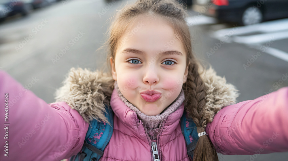 Young girl in backpack making a funny face and taking a selfie with ...