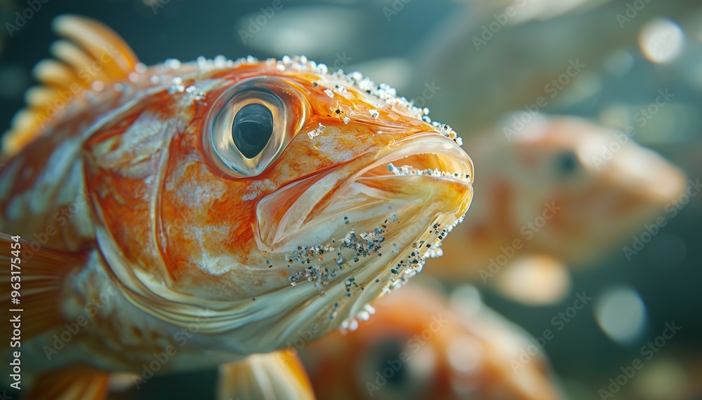 Close-up of fish with microplastic particles in its body, representing ...