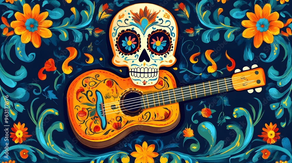 Skull with Guitar and Music Notes A skull playing a guitar, surrounded ...