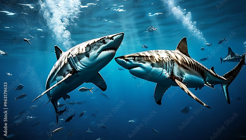 The scene of divers interacting with sharks swimming in the ocean in ...