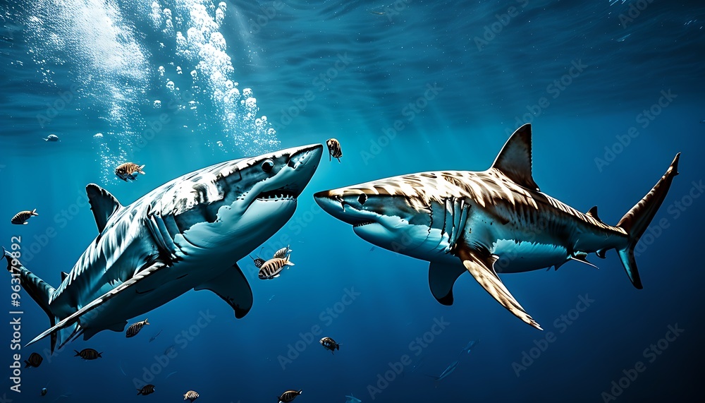 The scene of divers interacting with sharks swimming in the ocean in ...