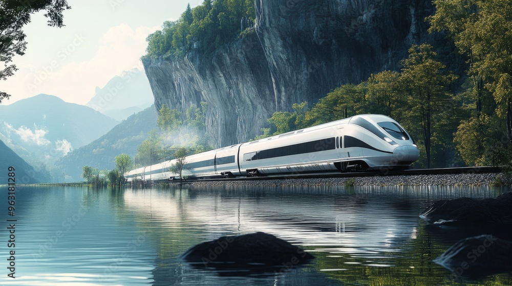 Detailed view of a high-speed train passing through a scenic landscape ...