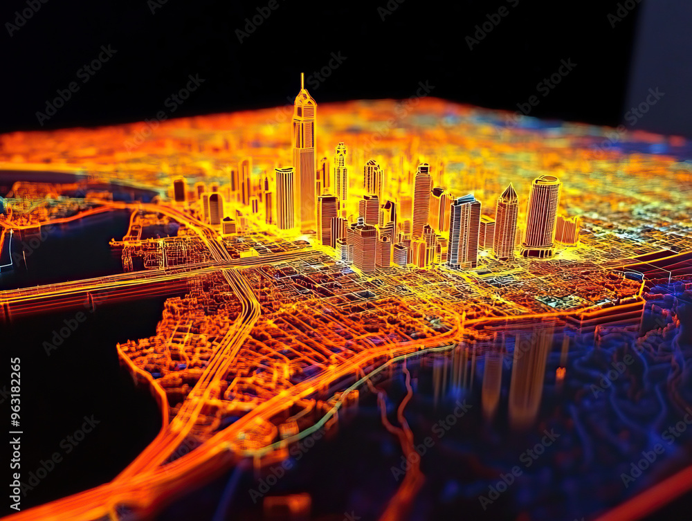 Technical aerial visual, 3D LiDAR GIS aerial map satellite scan model ...