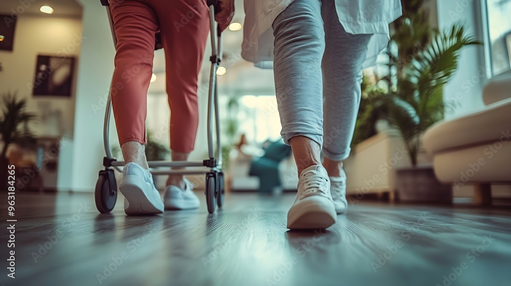 Cropped image of nurse helping senior woman to walk with walker at home ...