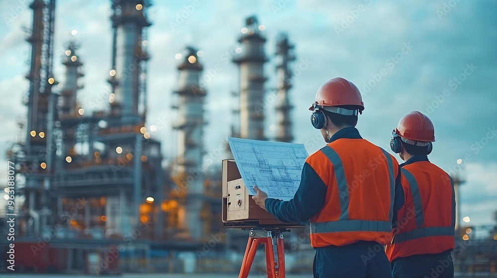 Engineer survey team wear uniform and helmet stand workplace checking ...