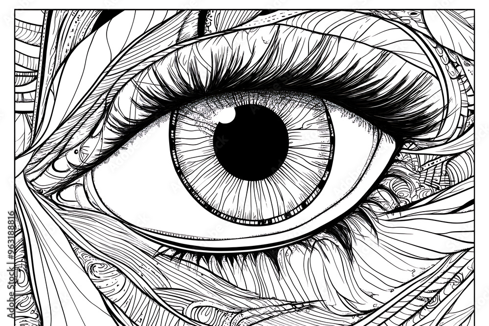 Antistress colouring page. Magic eye with feathers instead of eyelashes ...