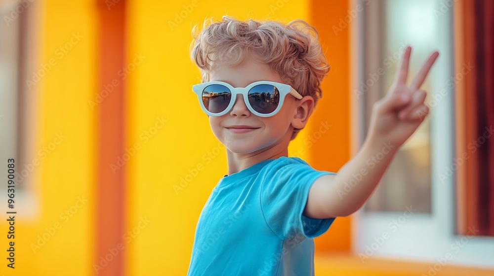 Anonymous young boy in a blue shirt and white sunglasses stands with ...