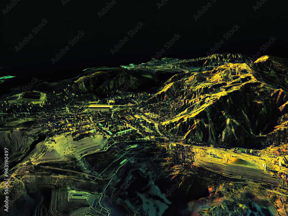 Technical aerial visual, 3D LiDAR GIS aerial map satellite scan model ...