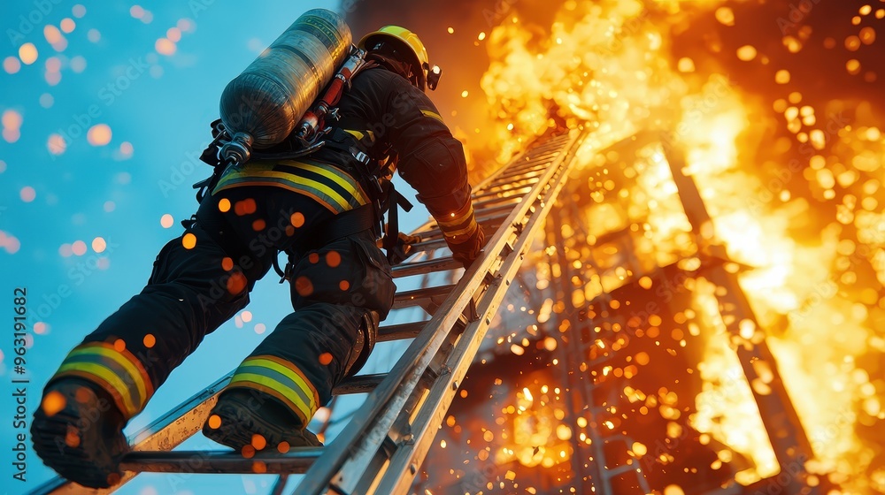 Artwork showing a firefighter climbing a ladder during a practice fire ...