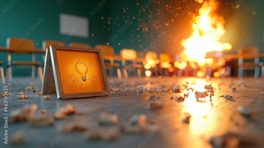 Depiction of a fire safety poster being used in a classroom setting ...