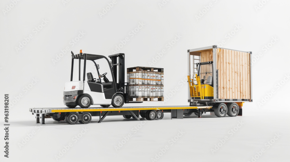 forklifter is loading crate on truck, sideview, a color combination of ...