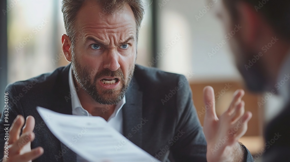 Angry businessman arguing with businessman about document failure at ...