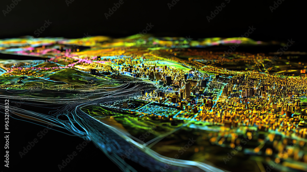 Technical aerial visual, 3D LiDAR GIS aerial map satellite scan model ...