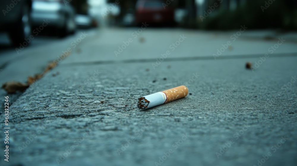 A discarded cigarette butt lies on the sidewalk in a city street ...