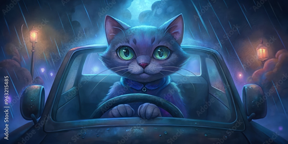 Ginger cat cruising in a classic car on a rural road under a starry ...