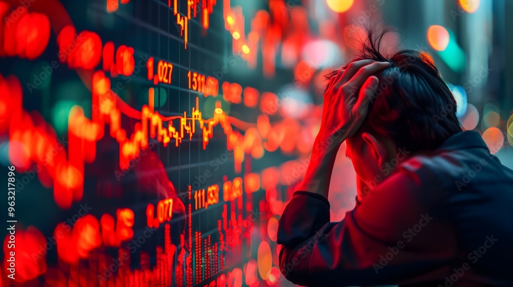 trader holding his head against the background of red graphs of the ...