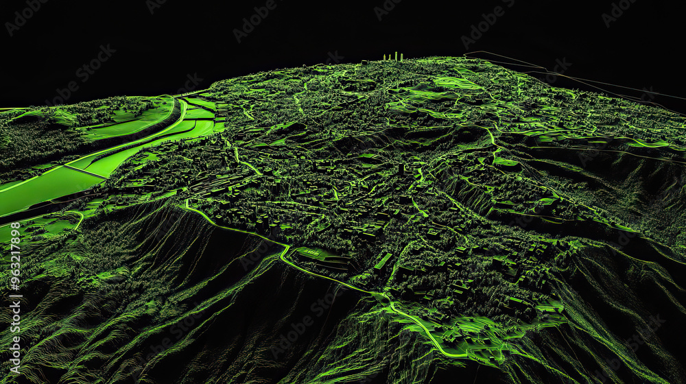 Technical aerial visual, 3D LiDAR GIS aerial map satellite scan model ...