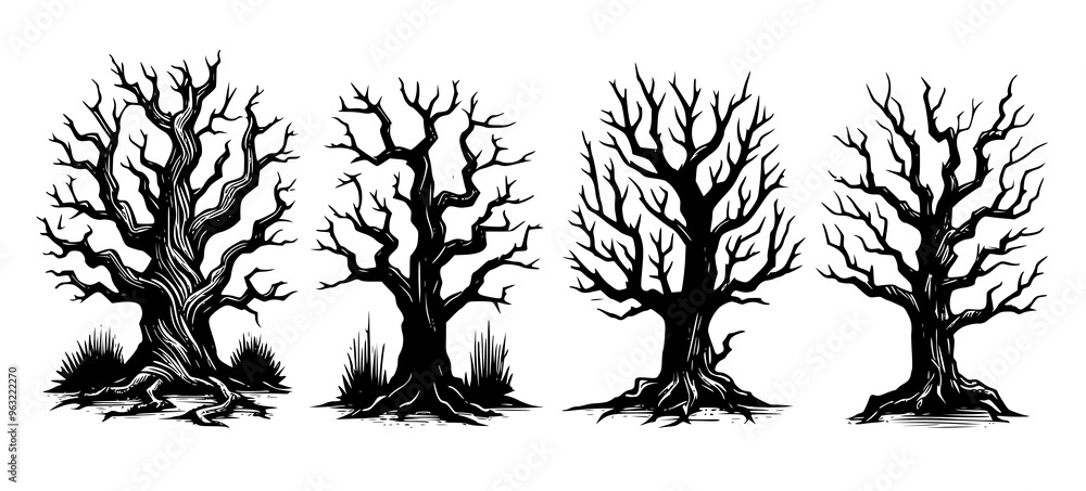 dead leafless trees set. detailed Illustration of scary old crooked ...