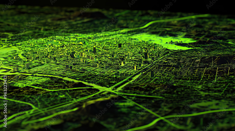 Technical aerial visual, 3D LiDAR GIS aerial map satellite scan model ...