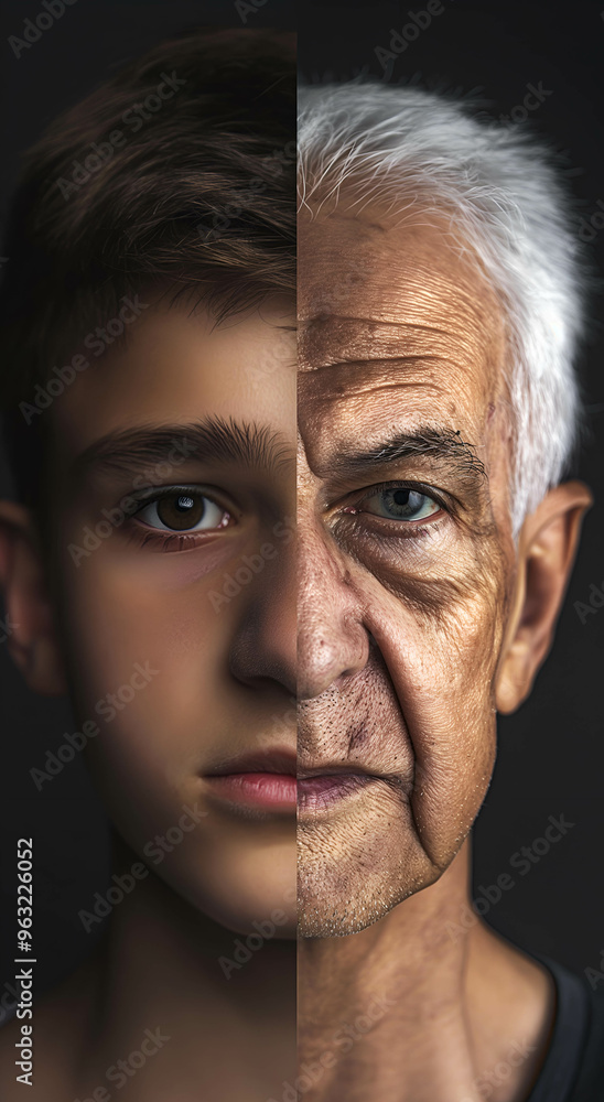 The face is divided into two halves - half young man and half old man ...