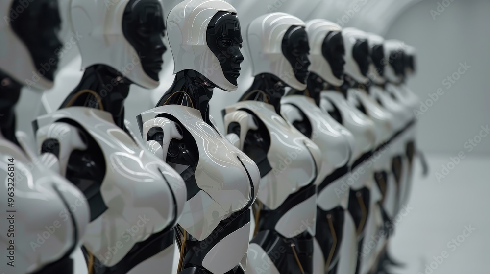 Row of humanoid robots lined up in a modern facility, showcasing ...
