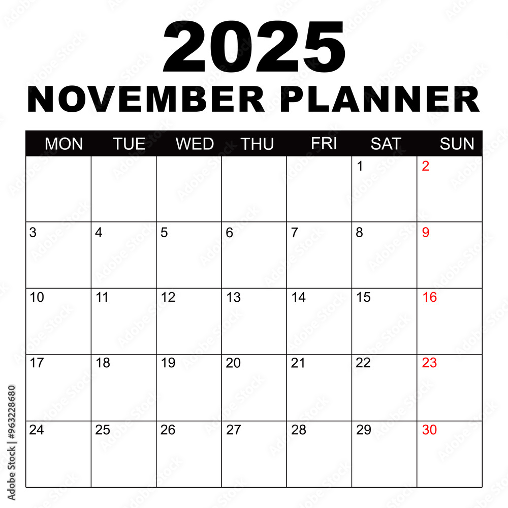 November 2025 Calendar. Week starts on Monday. Blank Calendar Template ...