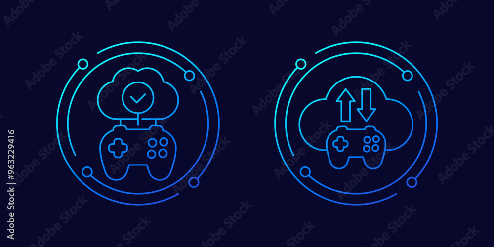 game server icons with gamepad, cloud gaming, linear design Stock ...