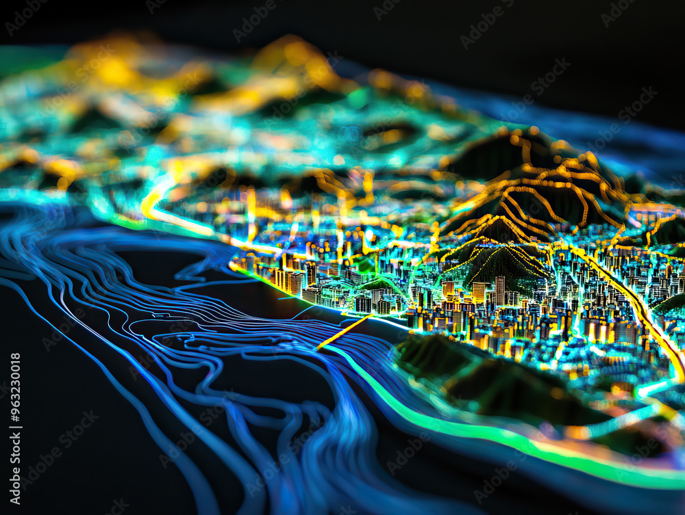 Technical aerial visual, 3D LiDAR GIS aerial map satellite scan model ...