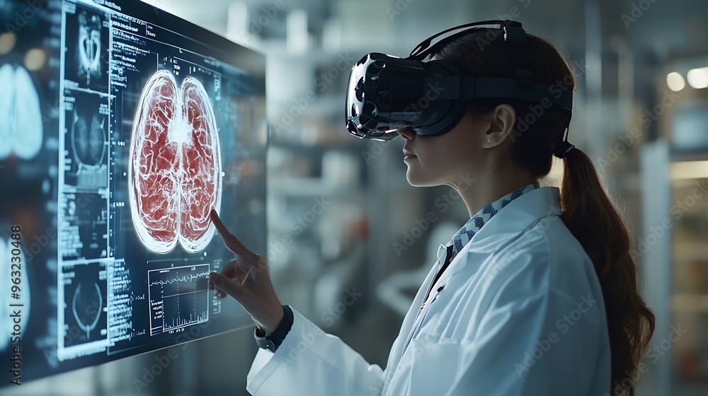 Professional doctor wearing lab coat and VR headset while looking at ...
